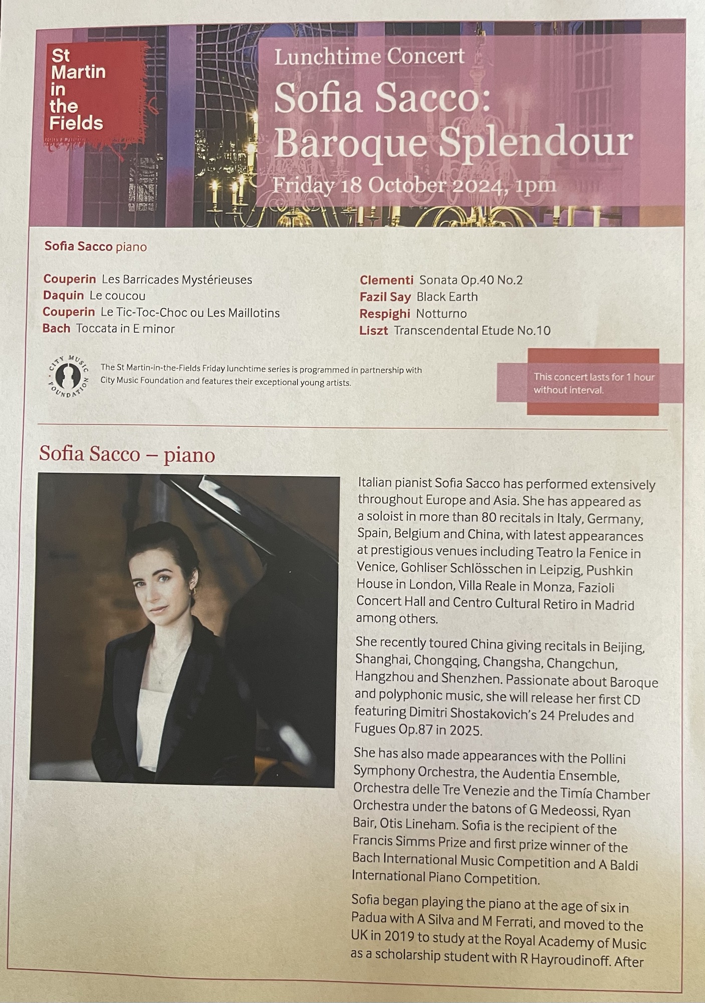 Sofia Sacco at St Martin in the Fields sensitive artistry combined with technical mastery holds ...